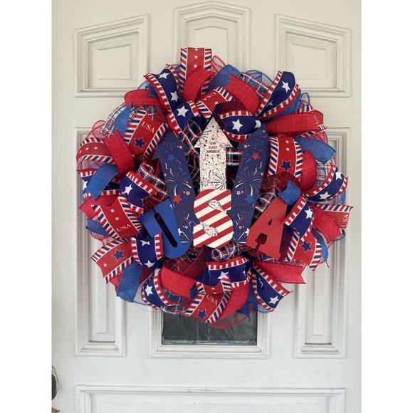 Handmade | Holiday | Patriotic Wreath Usa Rockets Fireworks Mesh Ribbon ...